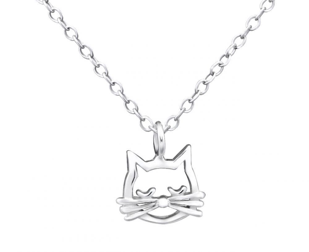 Children's Silver Cat Face Pendant Necklace